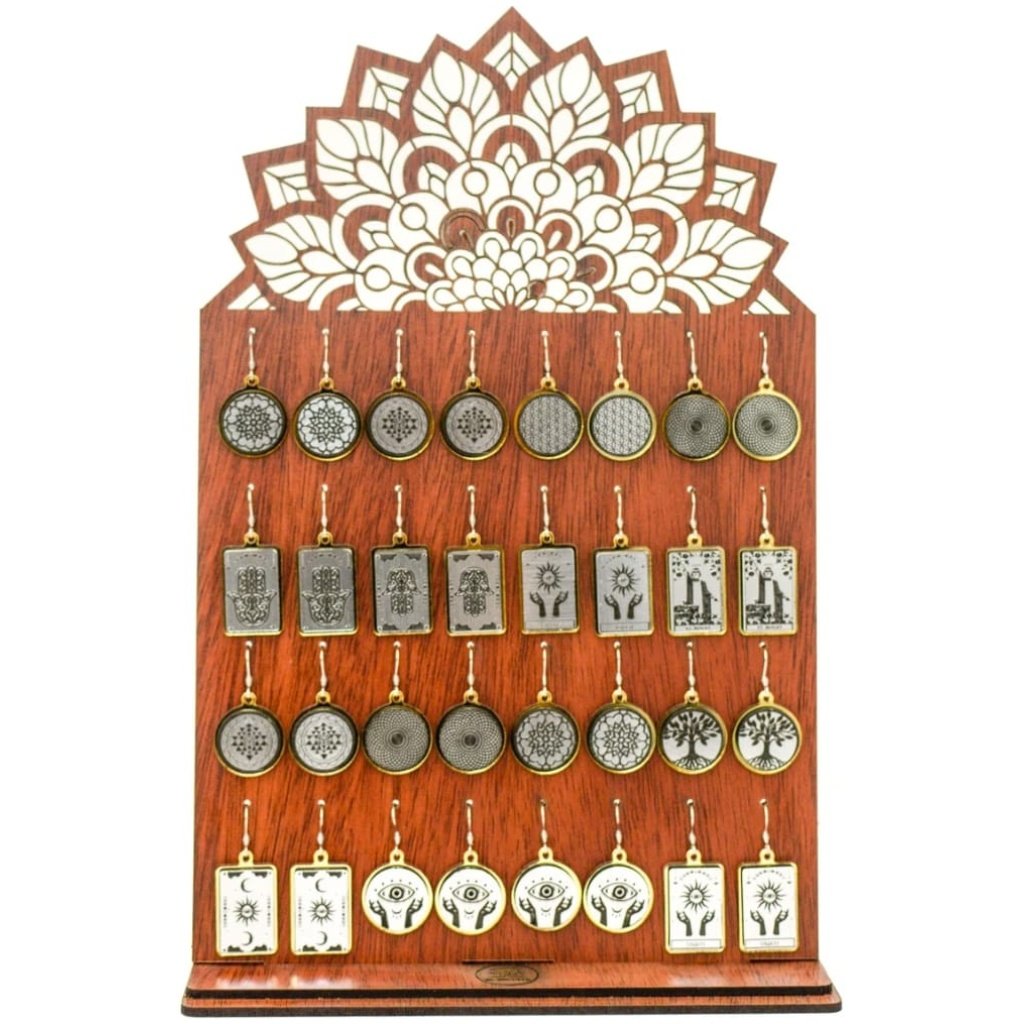 EXHIBIDOR PORTA ARITOS CON 16 PARES DE AROS ENCHAPADO SIMIL MADERA ...